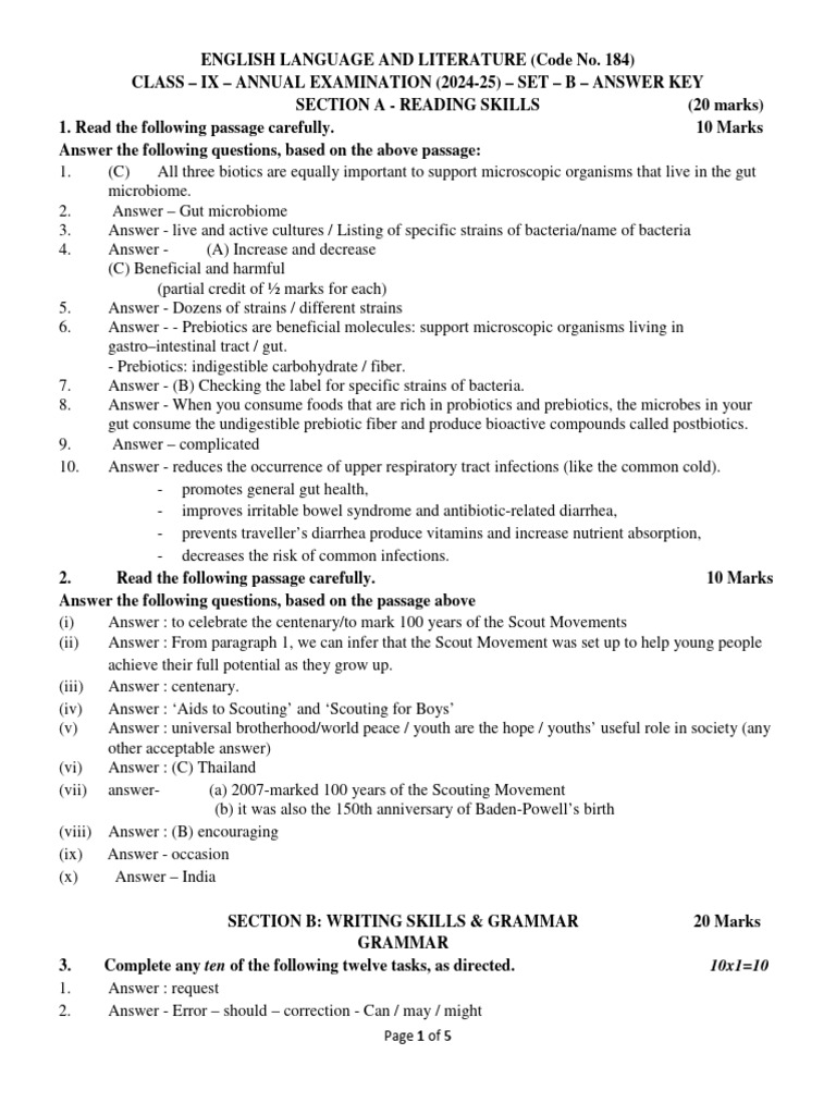 Class 9 English Annual Exam Answer Key | PDF | Gastrointestinal Tract ...