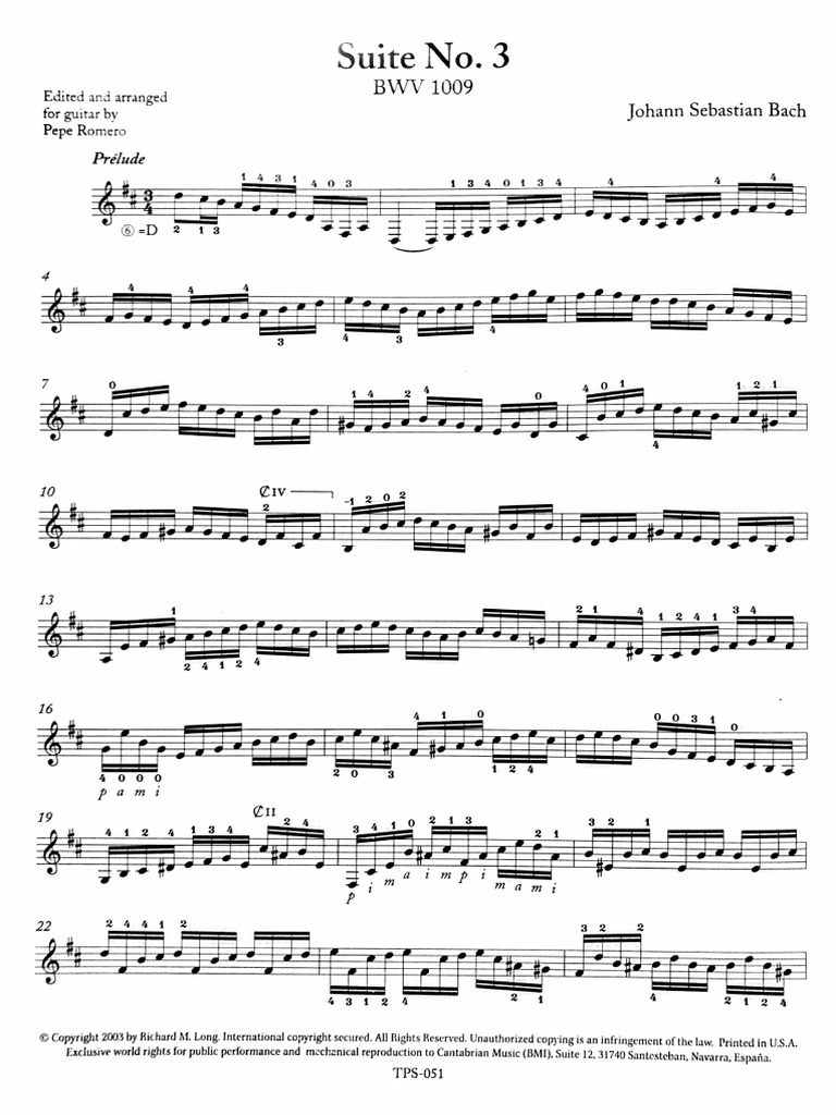 Bach, Cello Suite No. 3, Arr. Pepe Romero | PDF