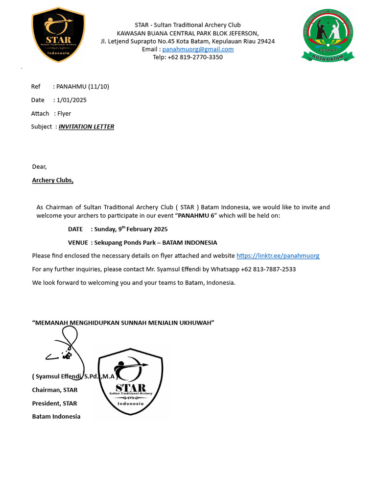 Panahmu 6 Invitation Letter | PDF