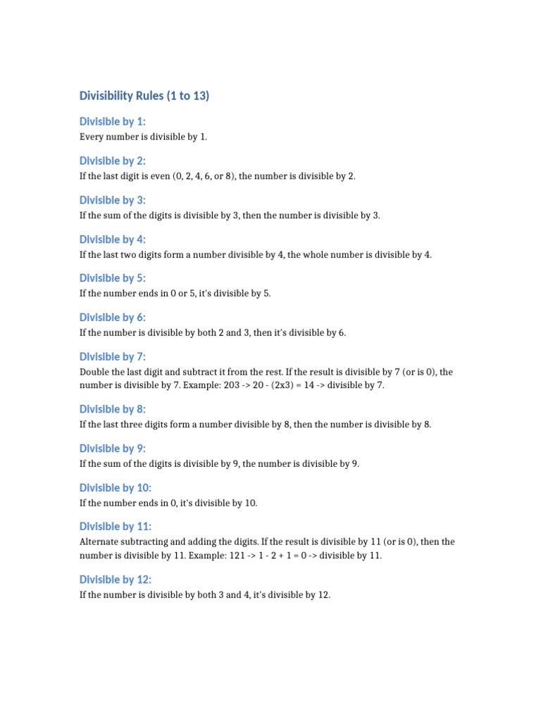 Divisibility Rules 1 To 13 | PDF