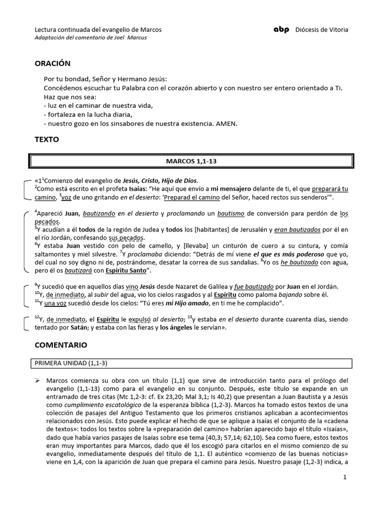 Lectura del Evangelio de Marcos: Introducción | PDF | Jesús | Bautismo