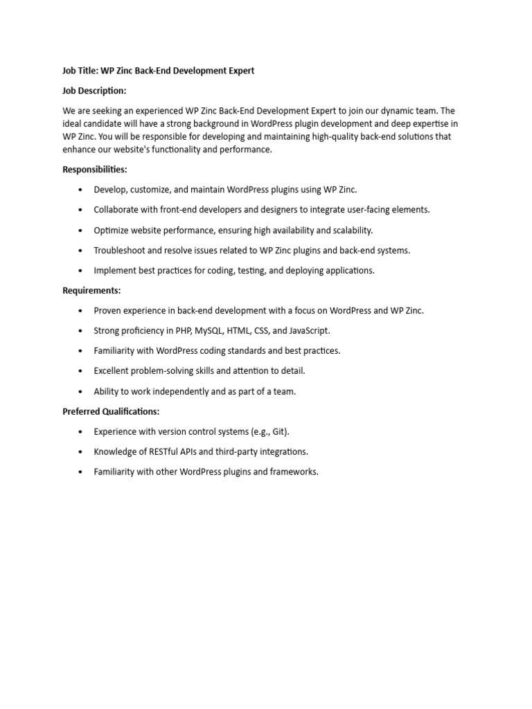 Back End Developer With WP Zinc | PDF