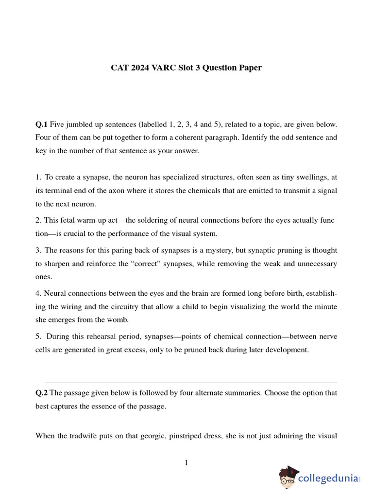 CAT 2024 VARC Slot 3 Question Paper | PDF | Synapse | Mars