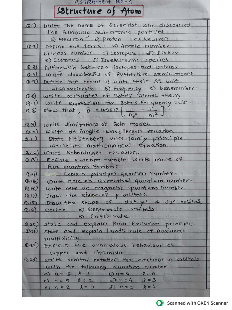 Assignment No.3 .. Structure of Atom..XI | PDF