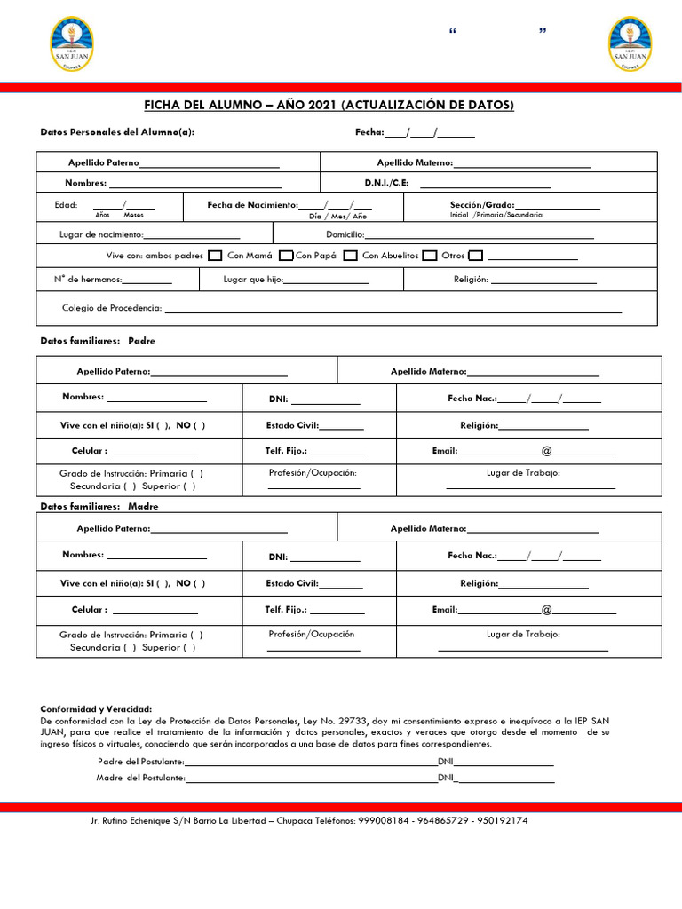 Ficha de Alumno 2021 - Actualización Datos | PDF