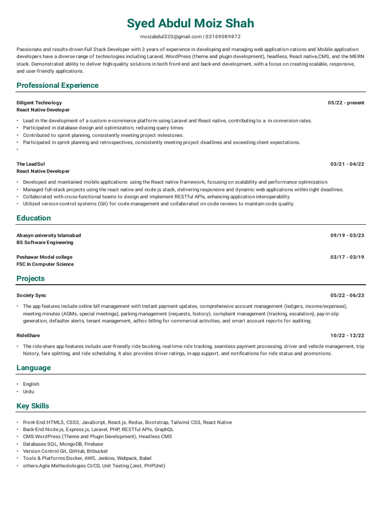 Syed Abdul Moiz Shah - Resume | PDF | Web Application | Word Press