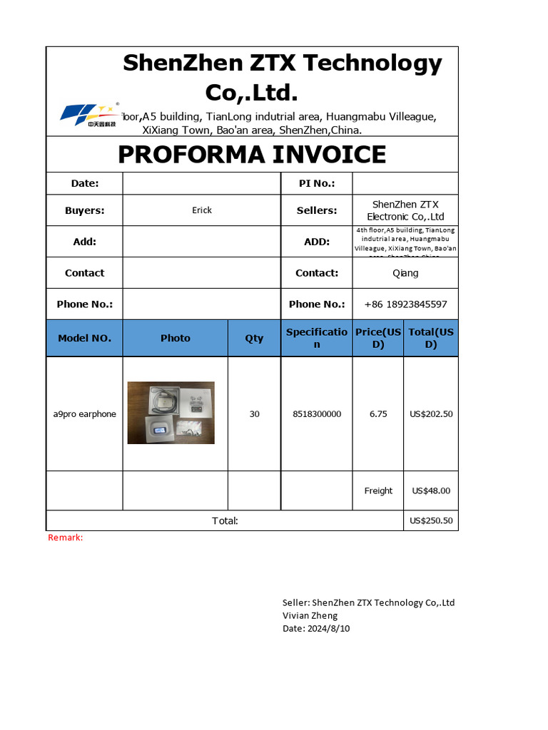 Proforma Invoice: Shenzhen ZTX Technology Co,.Ltd | PDF