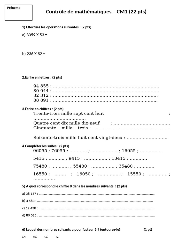 Contrôle de maths CM1 - Évaluation 2025 | PDF