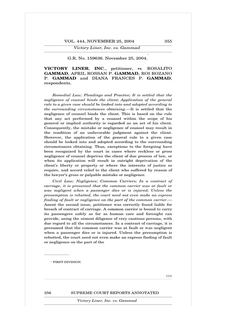 Victory Liner, Inc. vs. Gammad Case Summary | PDF | Damages | Negligence