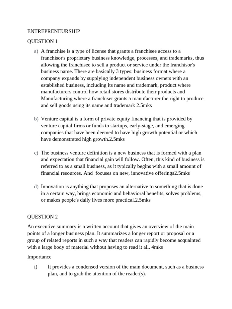 Marking Guide for Enterprise Creation Hnd 2023 Written Session | PDF | Franchising | Venture Capital