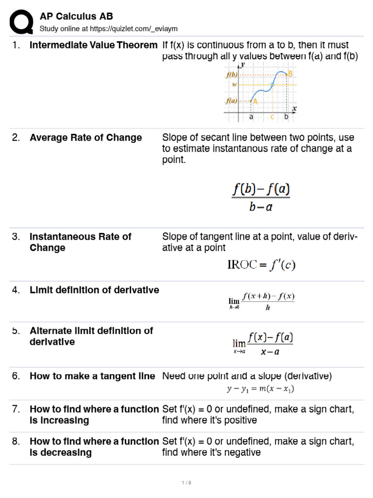 AP Calculus AB Flash Cards | PDF | Derivative | Slope