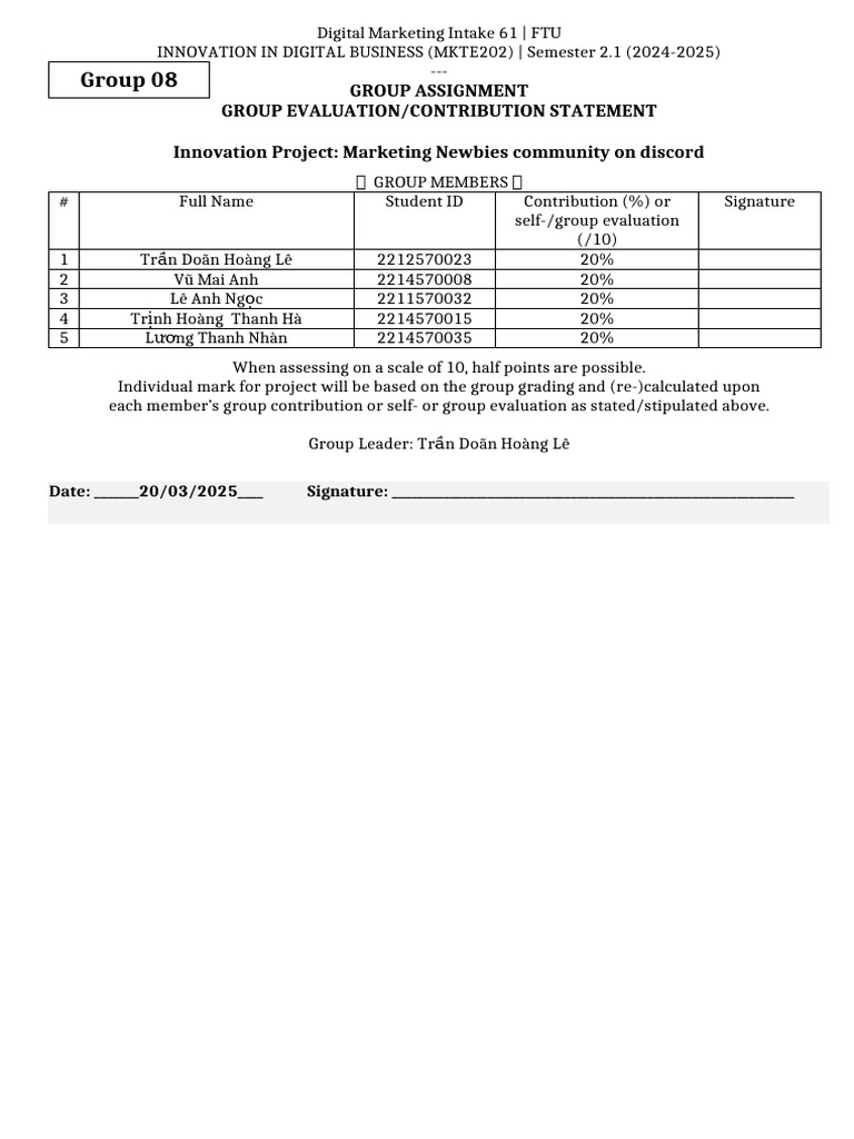 Trần Doãn Group Project Evaluation | PDF