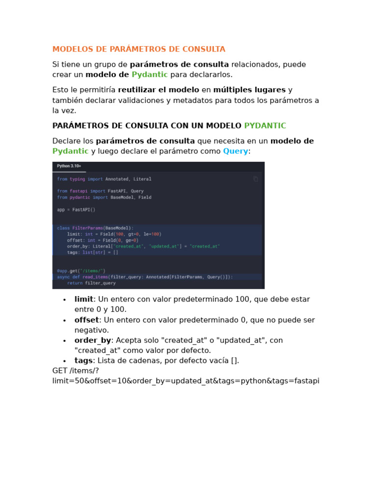 Modelos Pydantic para Parámetros de Consulta | PDF