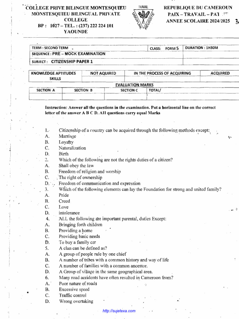Form 5 Pre-Mock Citizenship Paper 1 + Answers | PDF | Cameroon | Justice
