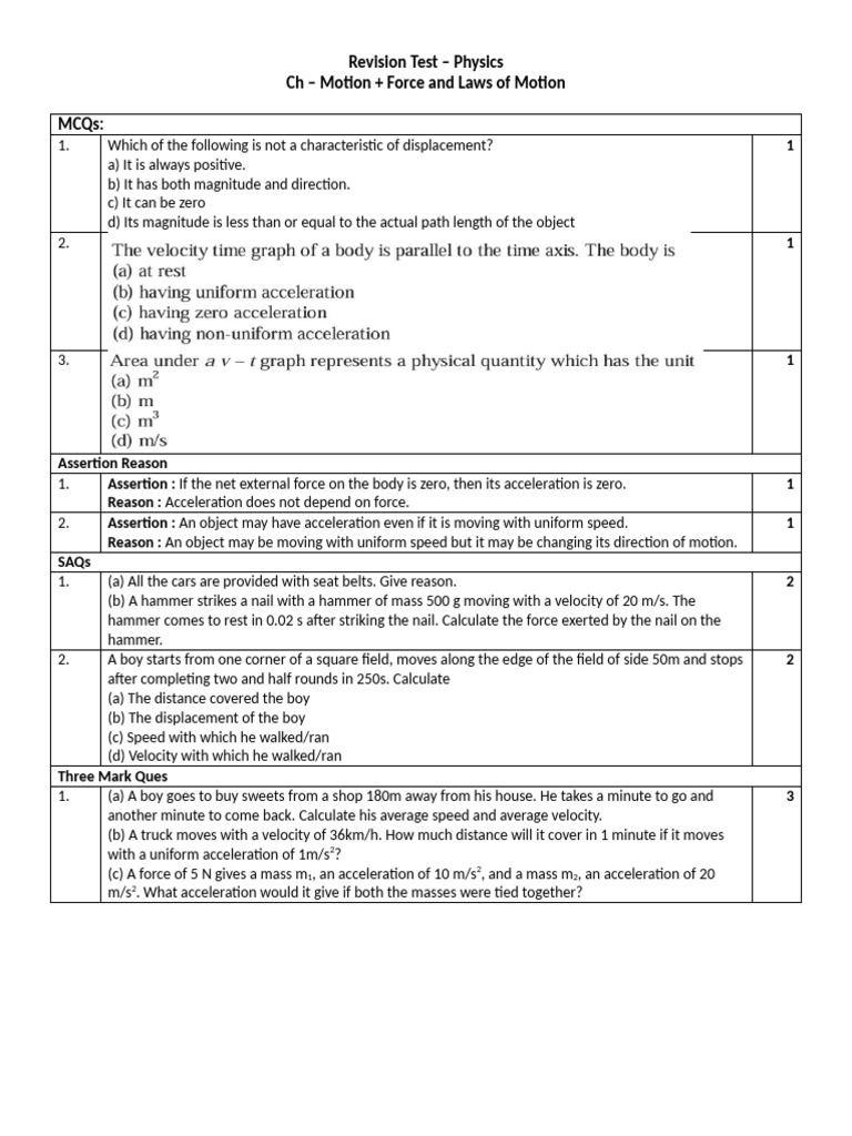 Revision Test - Motion+ Force and Laws of Motion | PDF | Acceleration ...