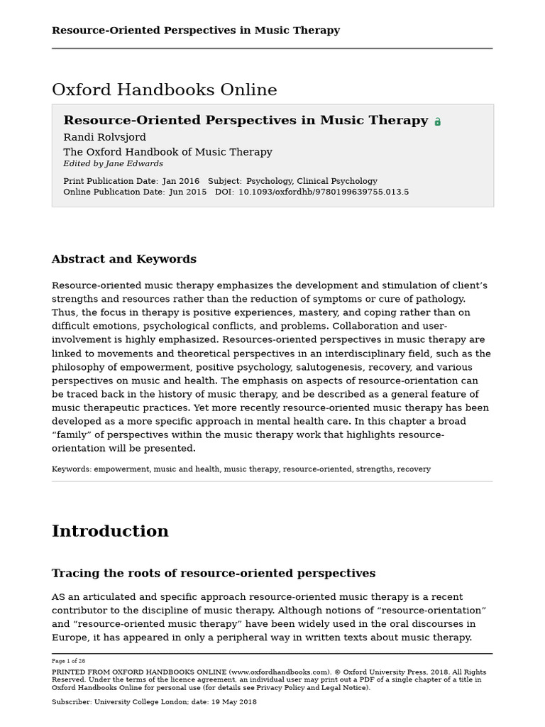 Resource-Oriented Perspectives in Music Therapy | PDF | Psychotherapy | Positive Psychology