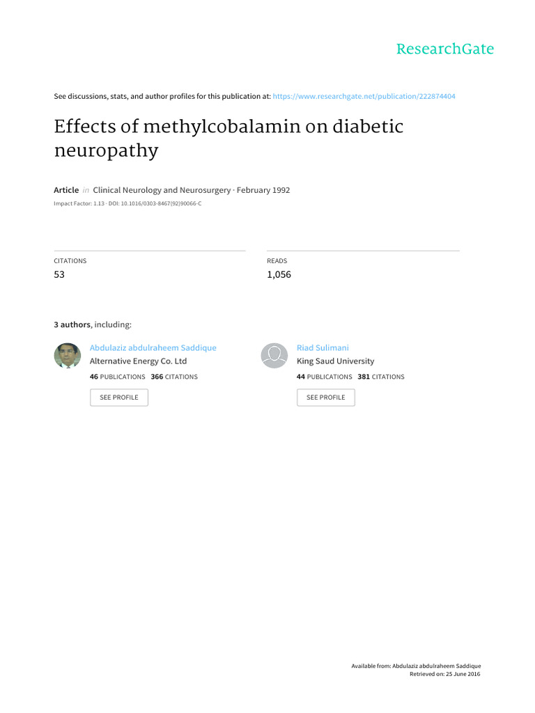 Effects Methylcobalamin Diabetic Neuropathy | PDF