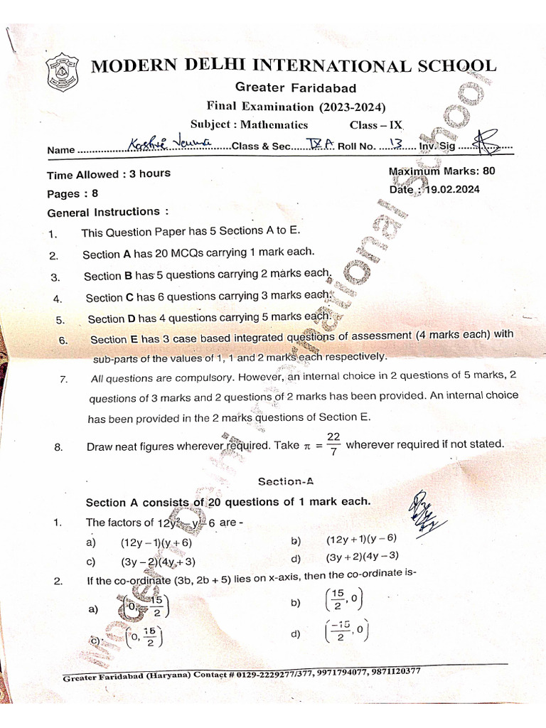 MDIS Final exam maths | PDF