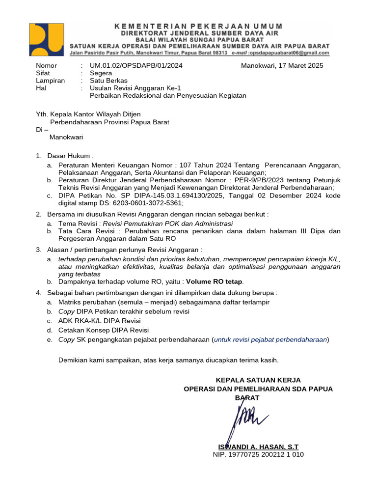 (Contoh Surat Revisi Kanwil) Surat Usulan Revisi - (Kode Satker ...