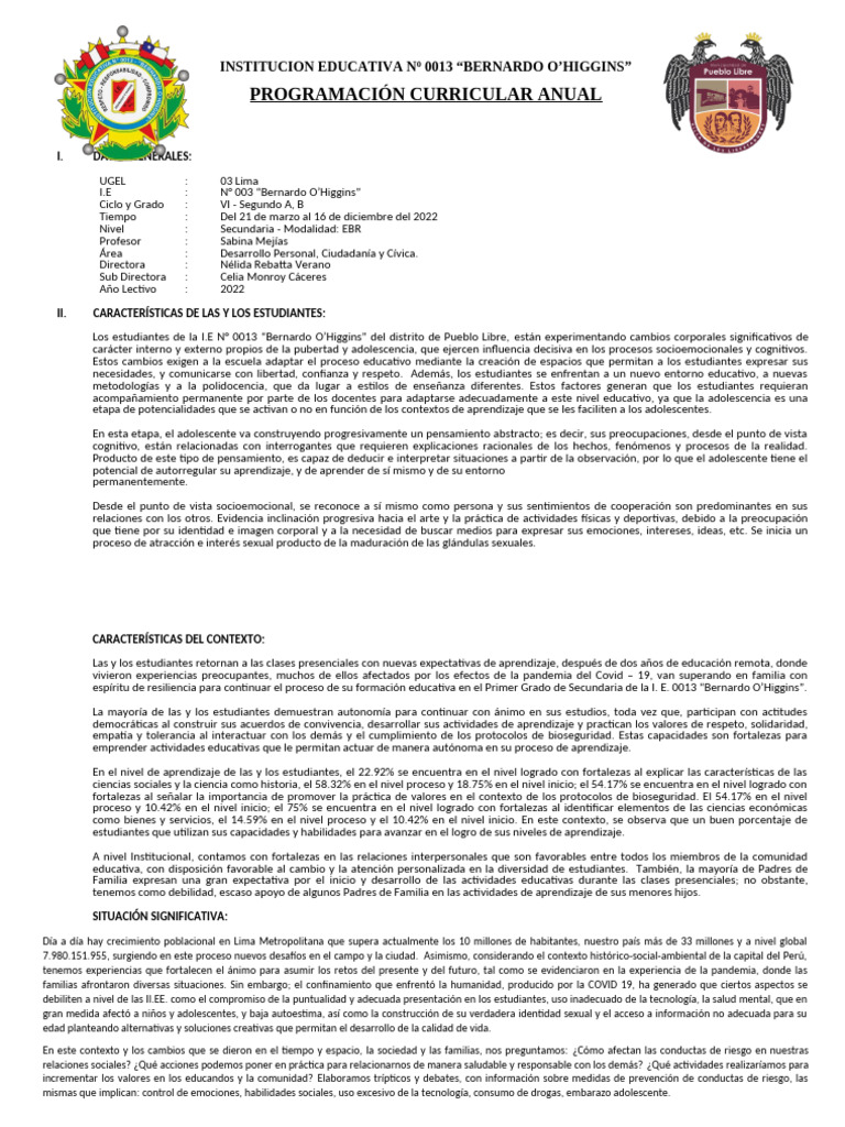 2° DPCC - PROGRAMACION ANUAL 2022 BERNARDO | PDF | Aprendizaje | Moralidad