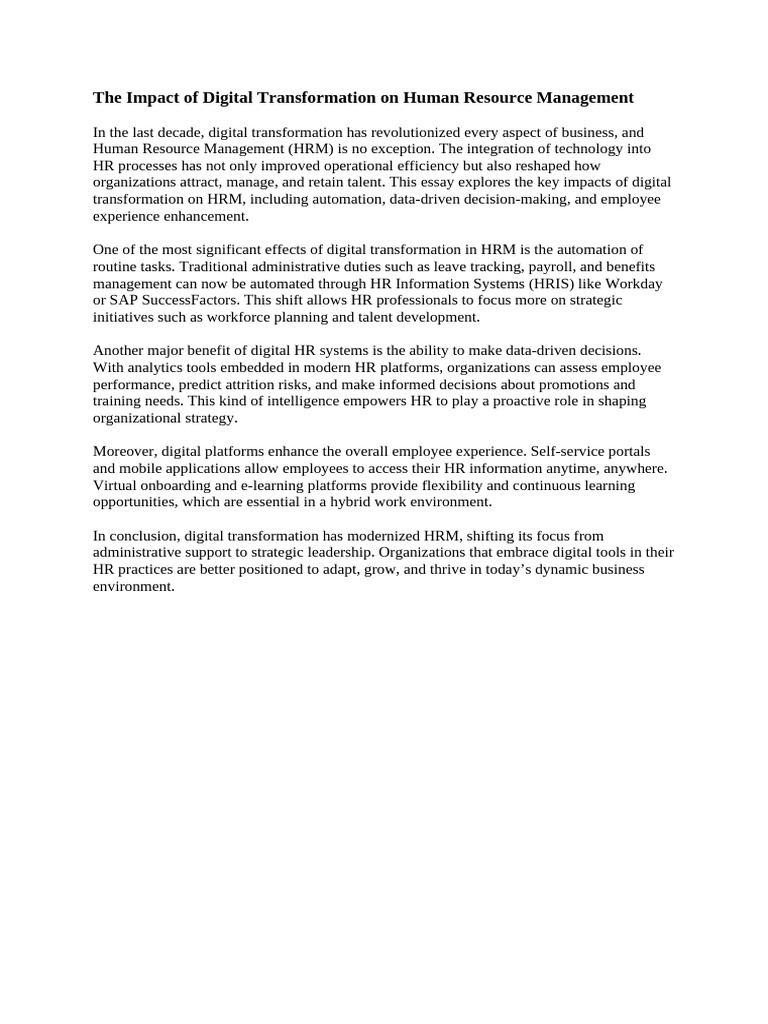 The Impact of Digital Transformation On Human Resource Management | PDF