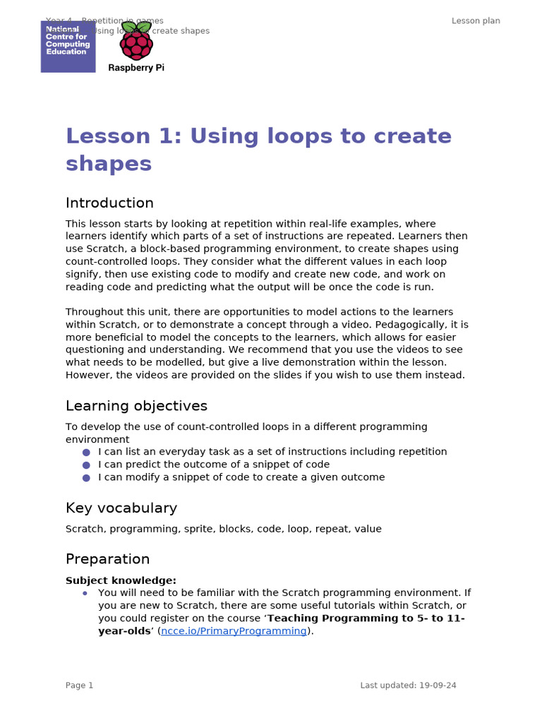 L1 Lesson Plan - Using Loops To Create Shapes - Y4 | PDF | Learning ...