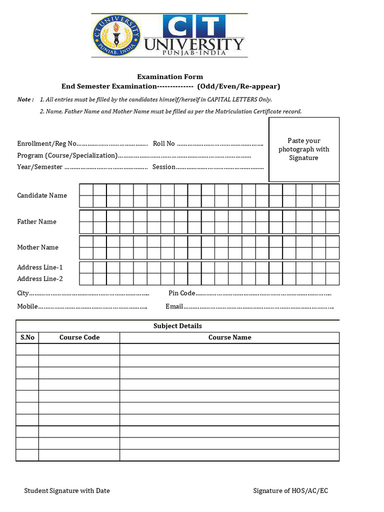 Student Examination Form Template | PDF