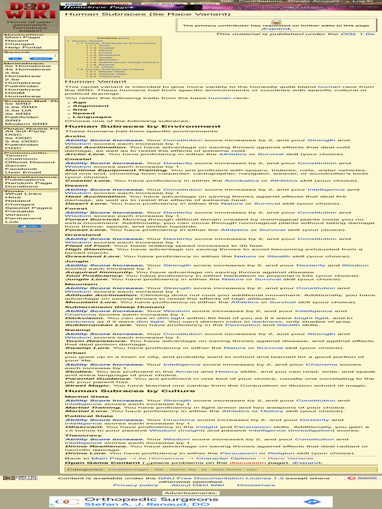 Human Subraces (5e Race Variant) - D&D Wiki | PDF