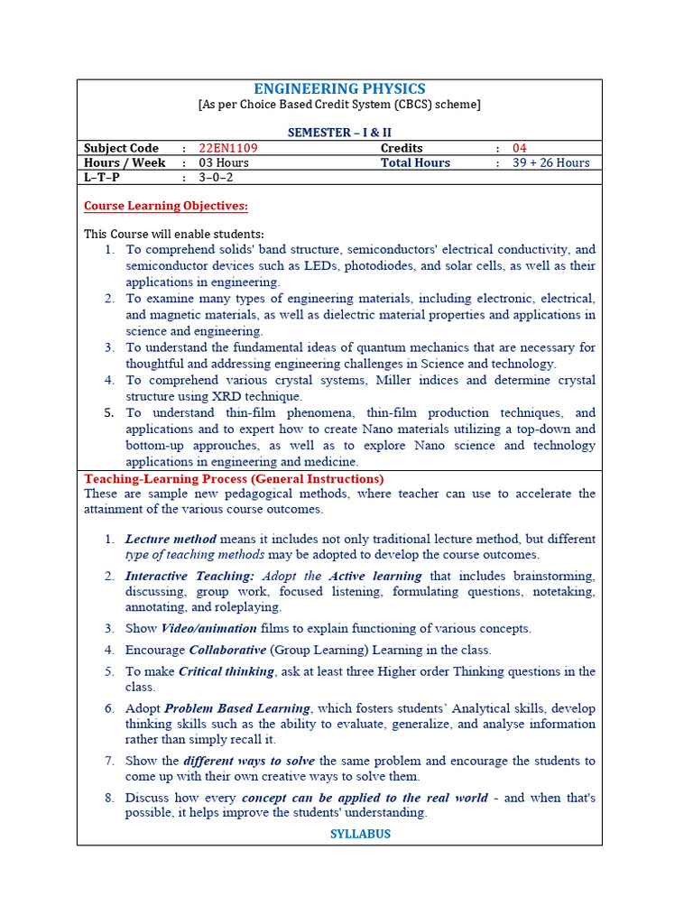 Engineering Physics Course Syllabus 2023 1 | PDF | Semiconductors ...