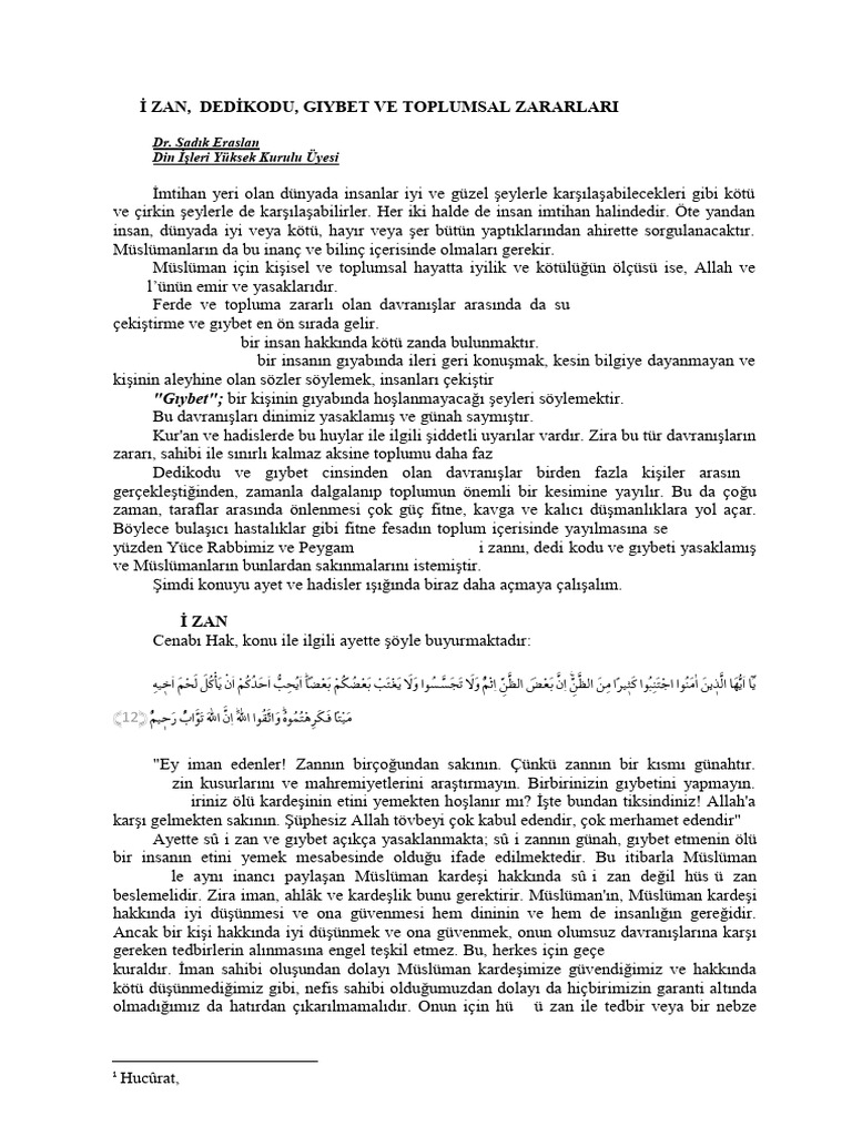 Su I Zan Dedikodu Gıybet Ve Toplumsal Zararları | PDF