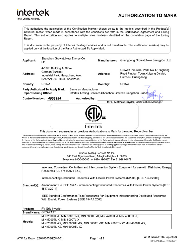 Certificado Conformidad GROWATT MIN | PDF