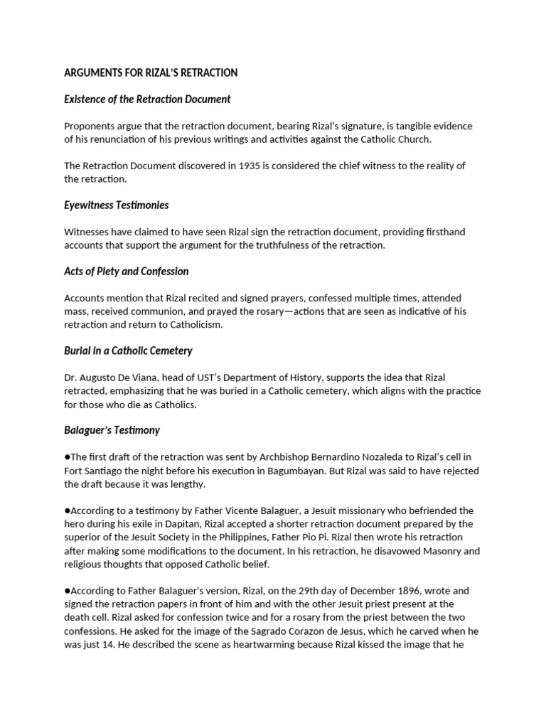 RPH - Debate Arguments (Retraction of Rizal) | PDF