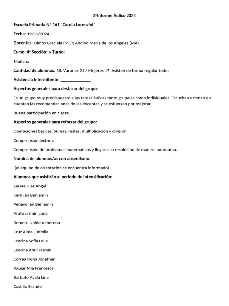 3do Informe Áulico 4°A | PDF