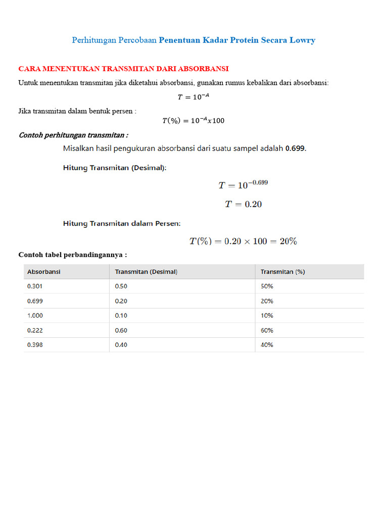 Perhitungan Percobaan Penentuan Kadar Protein Secara Lowry | PDF