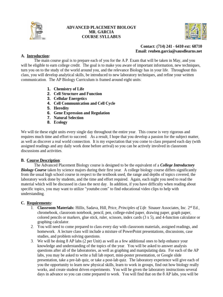 AP Biology Syllabus 2019-20120 | PDF | Advanced Placement | Learning