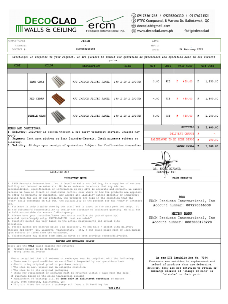 Jinih Quotation 022425 | PDF | Receipt | Prices