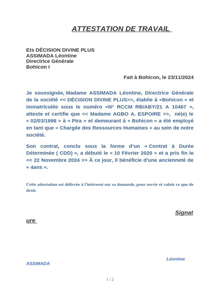 Attestation de travail de Mme Agbo A. Espoire | PDF