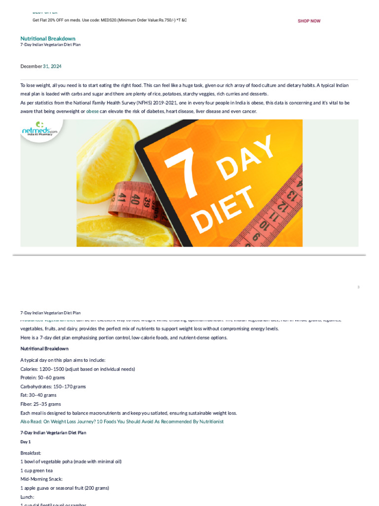 7-Day Indian Vegetarian Diet Plan For Sustainable Weight Loss Go | PDF ...
