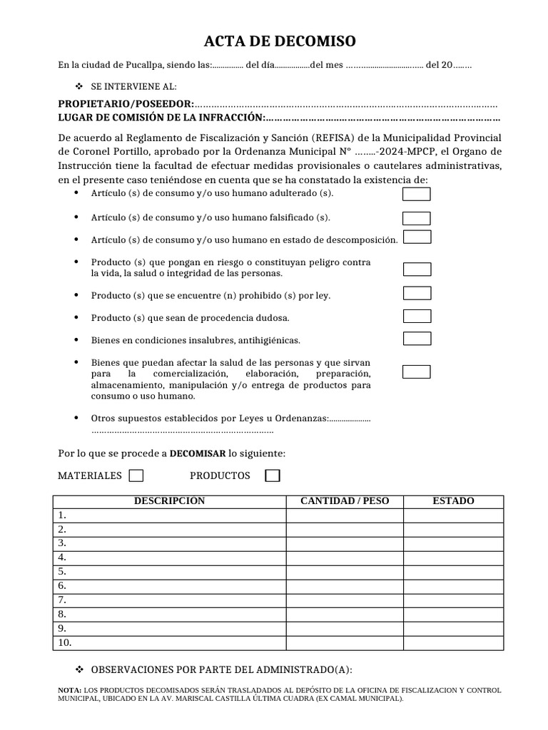Acta de Decomiso | PDF