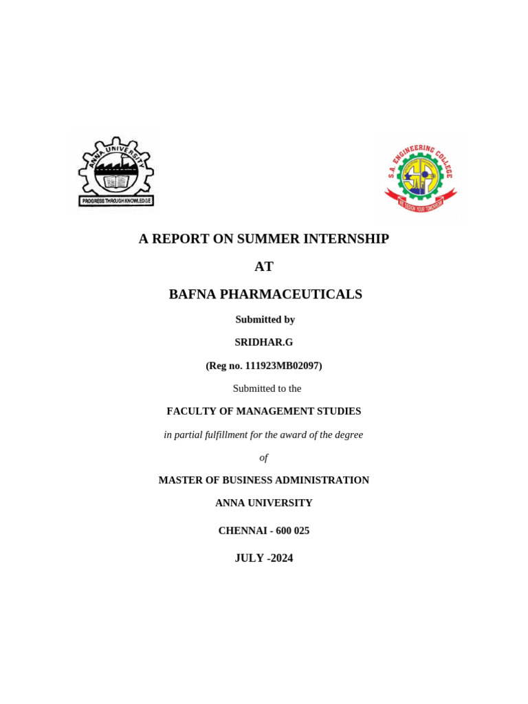 Summer Internship at Bafna Pharmaceuticals | PDF