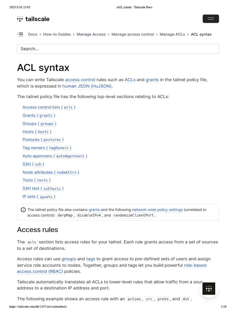 Tailscale ACL Syntax Guide | PDF | Ip Address | Internet Protocols