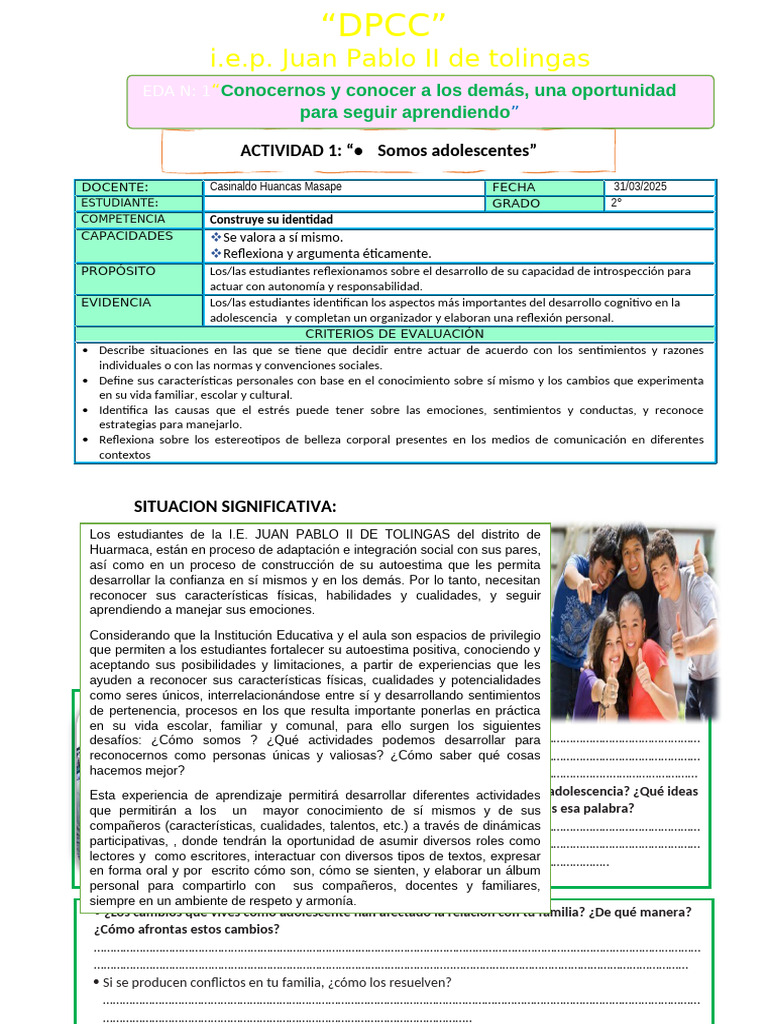 2° DPCC - Actv.01-Unid.1 2025 | PDF | Pensamiento | Adultos