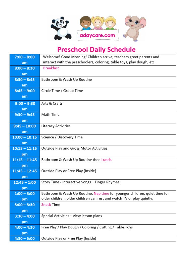 Preschool Daily Schedule Download | PDF | Preschool | Curriculum