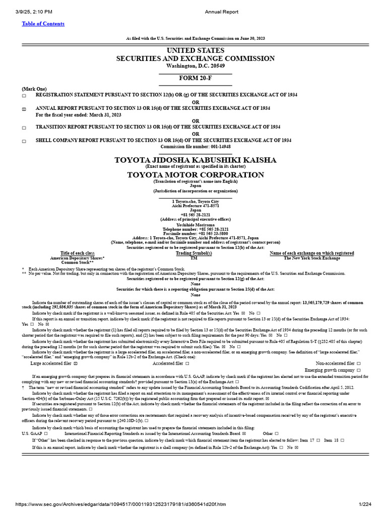 Toyota Annual Report 2023 SEC Filing | PDF | Securities (Finance) | Toyota