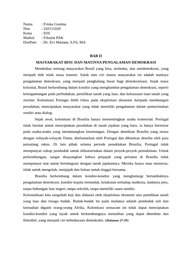 BAB 2 Masyarakat Bisu Dan Matinya Pengalaman Demokrasi, Paulo Freire, Tugas Filsafat | PDF
