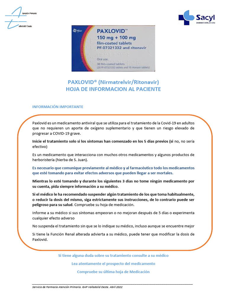 HOJA INFORMACIÓN PACIENTE PAXLOVID_ DEF | PDF | Medicamentos con receta ...