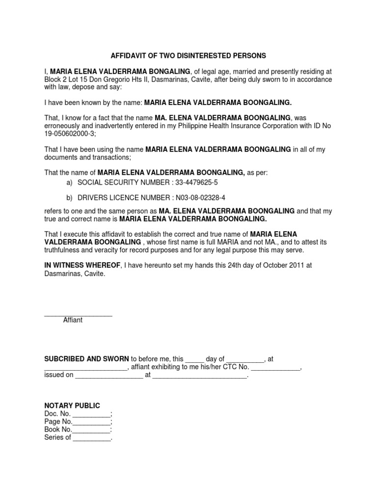 Affidavit of Two Disinterested Persons