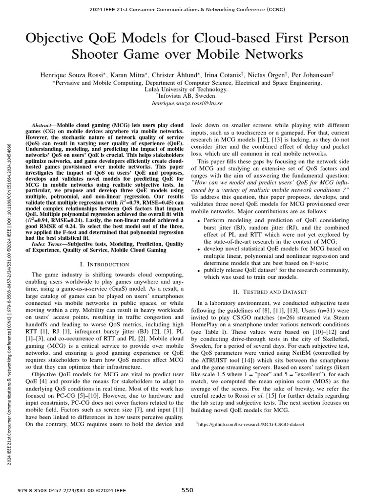 Objective QoE Models For Cloud-Based First Person Shooter Game Over ...