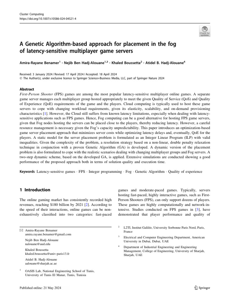 A Genetic Algorithm Based Approach For Placement In The Fog Of Latency Sensitive Multiplayer