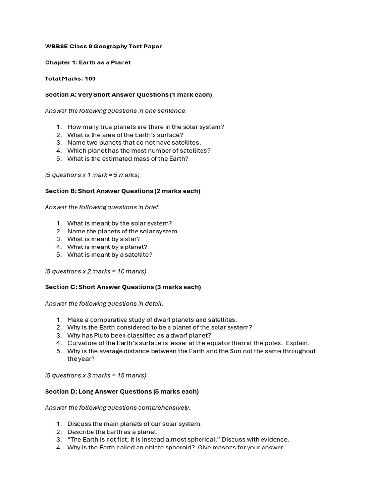 WBBSE Class 9 Geography Test Paper | PDF | Planets | Earth
